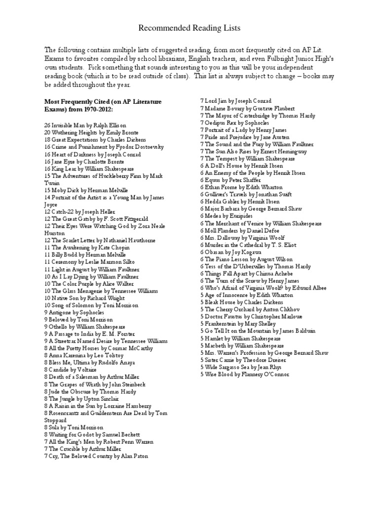 Pre-Ap Suggested Reading List 2014-15 | PDF | English Language ...