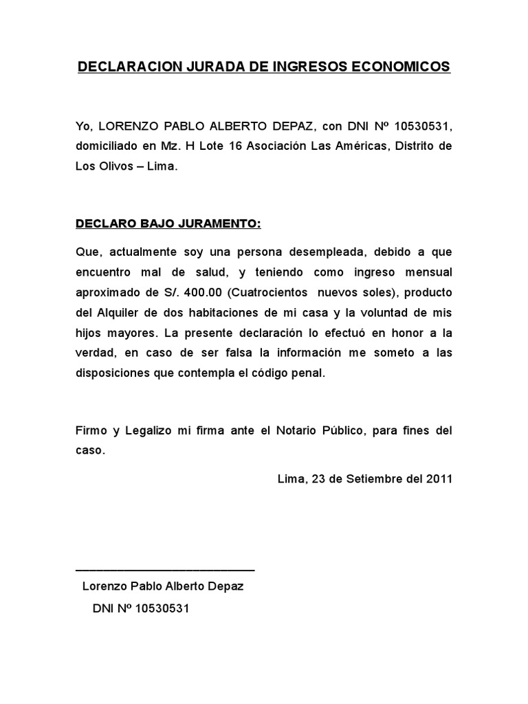Declaracion Jurada de Ingresos Economicos | PDF