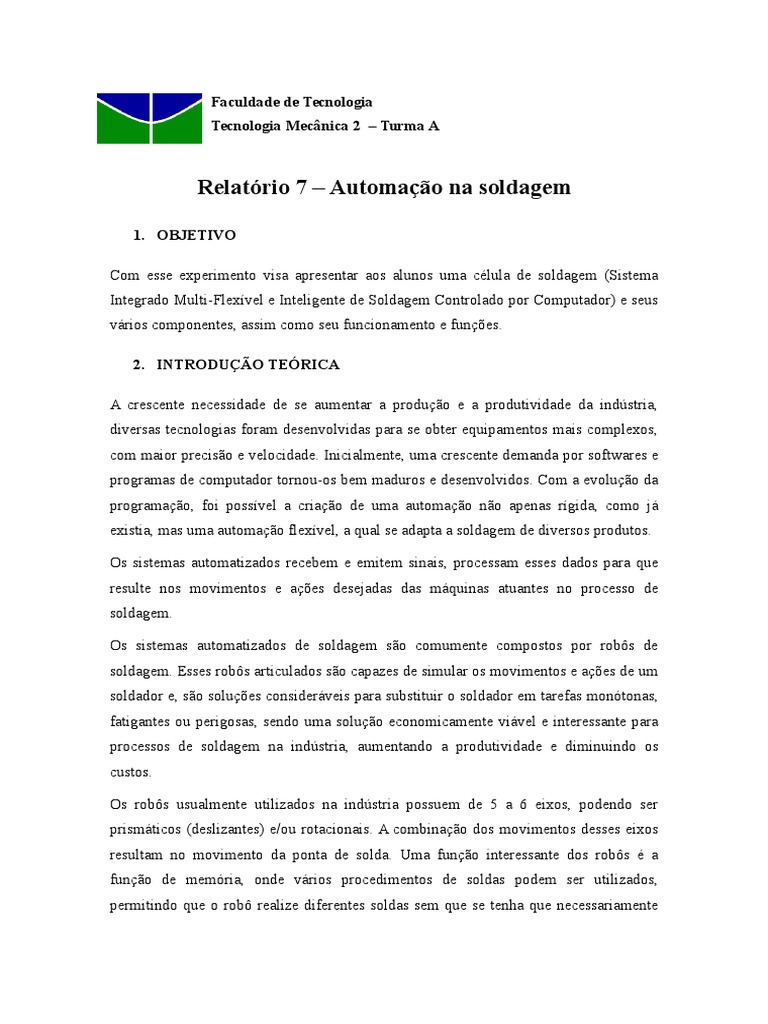 Relatorio Automação Na Soldagem | PDF | Robô | Robótica