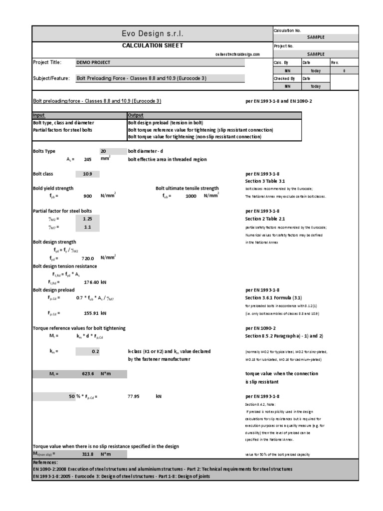 Evo Design S R L Calculation Sheet PDF