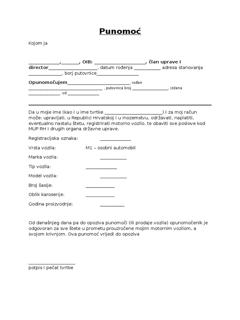 Punomoc Auto Tvrtka Primjer | PDF