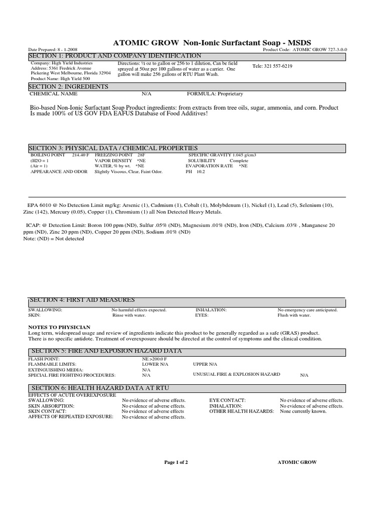 Atomic Grow Msds | PDF | Dangerous Goods | Occupational Safety And ...
