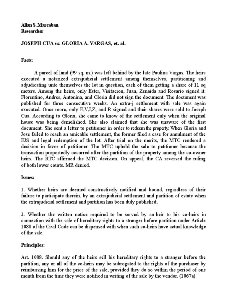 Allan S. Marcaban Researcher Joseph Cua vs. Gloria A. Vargas, Et. Al ...