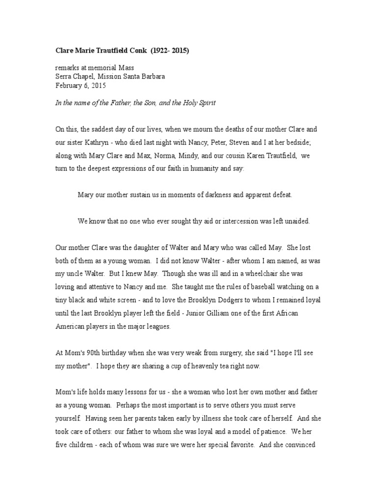 Clare Marie Trautfield Conk - Eulogy by George W.Conk | PDF