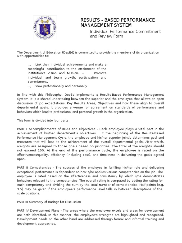 Individual Performance Commitment and Review Form (Ipcrf) For Teachers ...