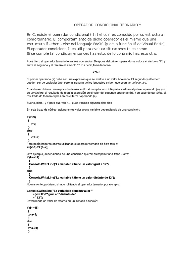 Operador Condicional Ternario | PDF | Desarrollo de software ...