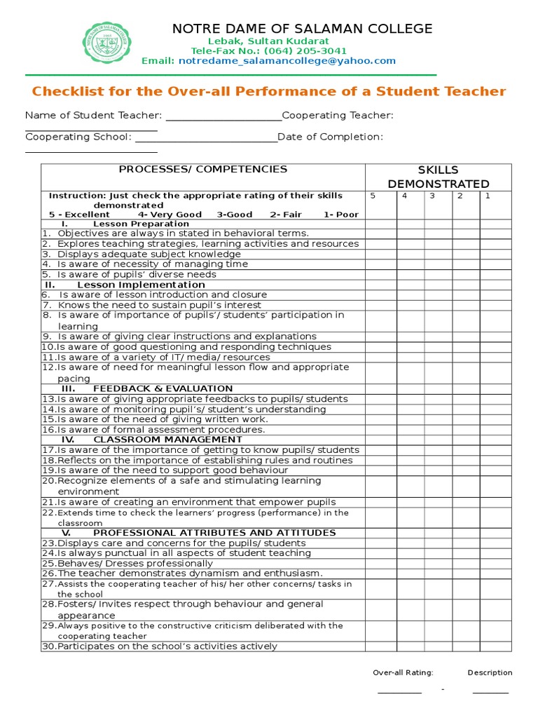 Student Teacher Performance Checklist | PDF | Business | Wellness