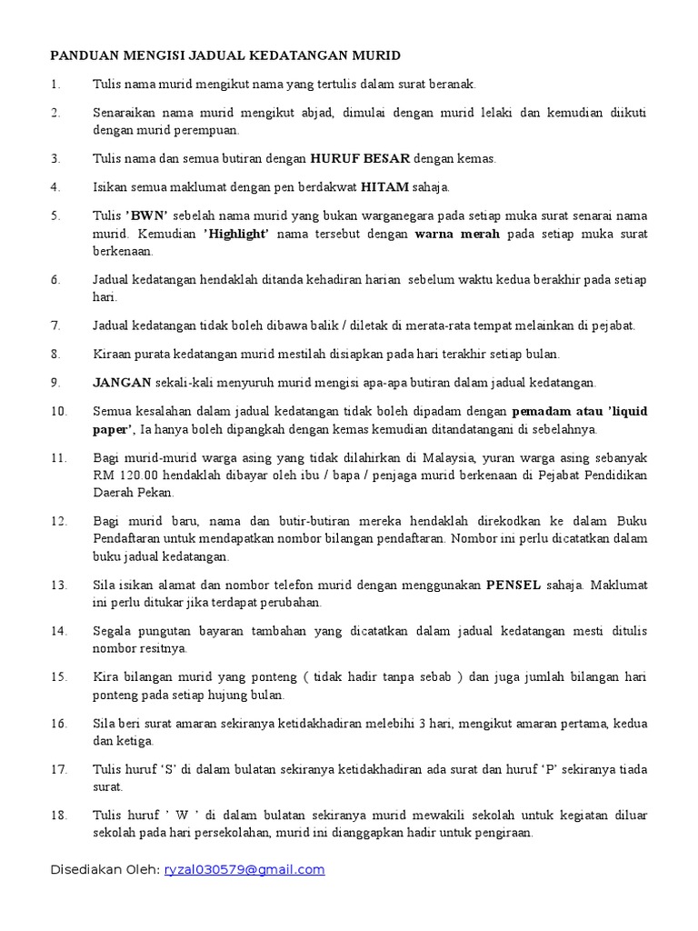 Panduan Mengisi Jadual Kedatangan Murid | PDF