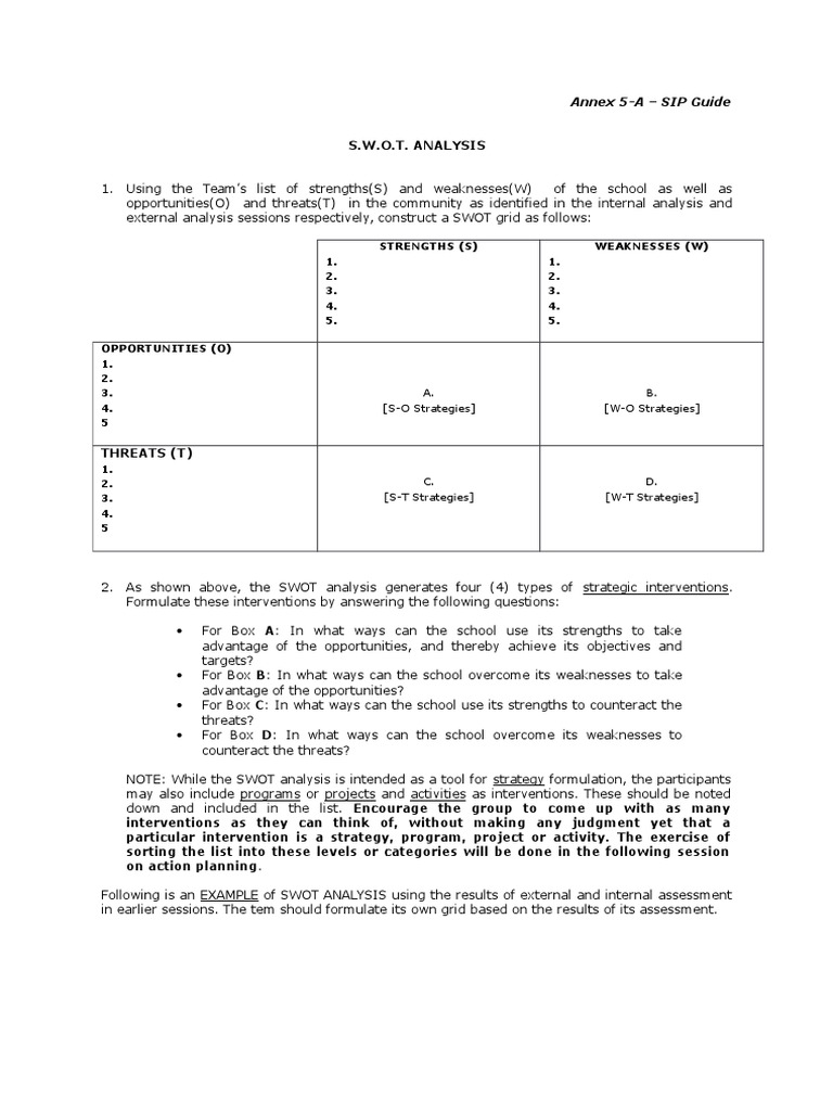 SIP Guide Annex 5A - SWOT Analysis (06aug2013) | PDF | Swot Analysis ...