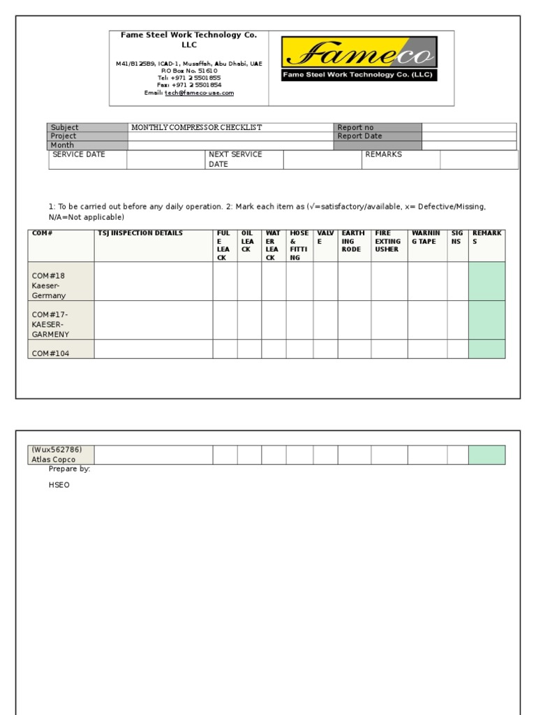 11 - Monthly Compressor Checklist | PDF