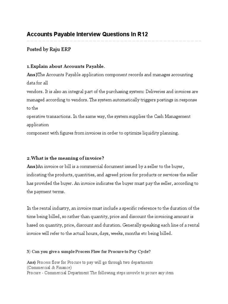 Accounts Payable Interview Questions in R12 | PDF | Accounts Payable ...