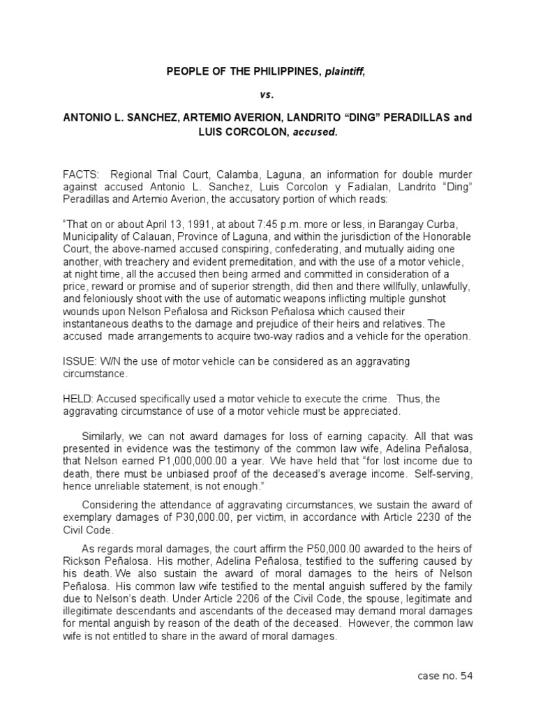 People of The Philippines, Plaintiff,: Case No. 54 | PDF | Damages | Murder