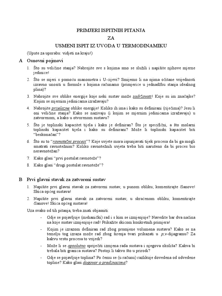 Primjeri Ispitnih Pitanja Iz Uvoda U Termodinamiku | PDF