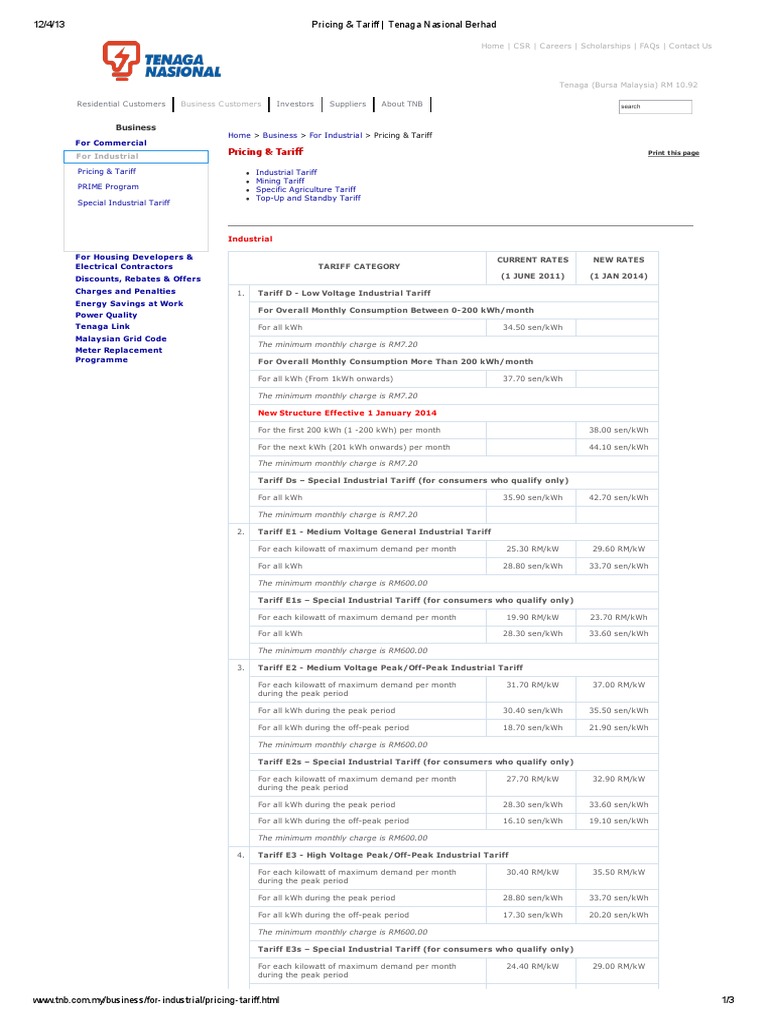 TNB Industrial Pricing Tariff Rates Guide | PDF | Kilowatt Hour ...
