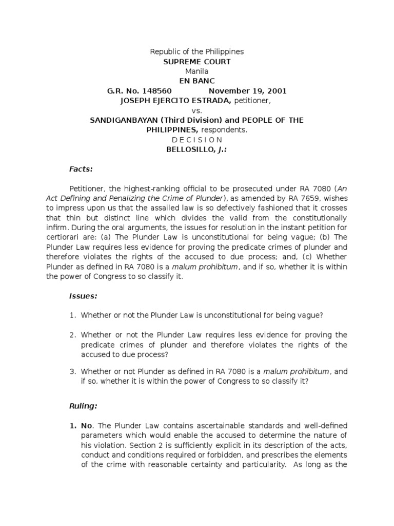 Estrada vs. Sandiganbayan Ruling on Plunder | PDF | Mens Rea | Crime ...