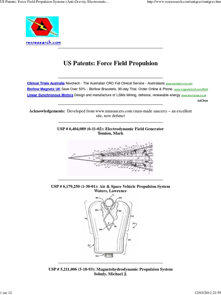 US Patents - Force Field Propulsion Systems (Anti-Gravity ...