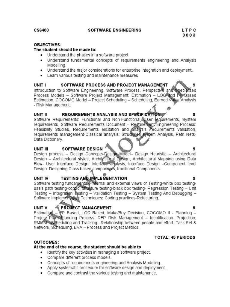 Cs6403 Software Engineering Syllabus | PDF | Project Management | Software Cs6403 Software Engineering Syllabus | PDF | Project Management | Software