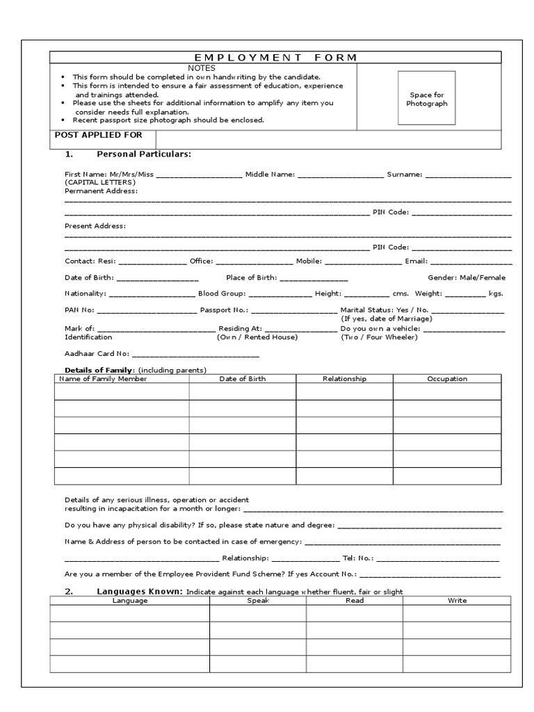 Employment Form: Post Applied For 1. Personal Particulars | PDF ...