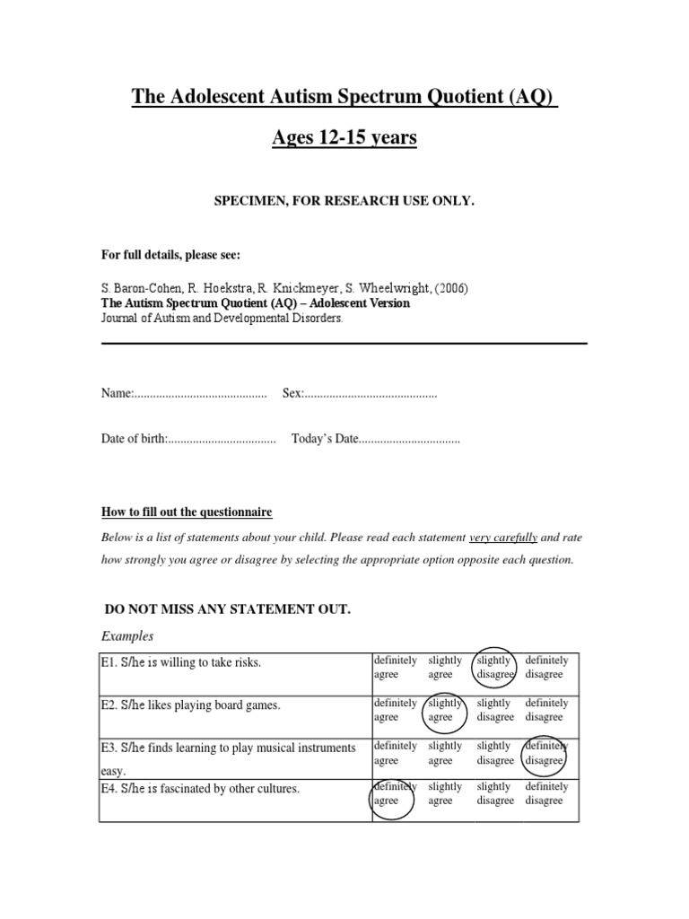 AQ Adolescent | Download Free PDF | Autism | Autism Spectrum