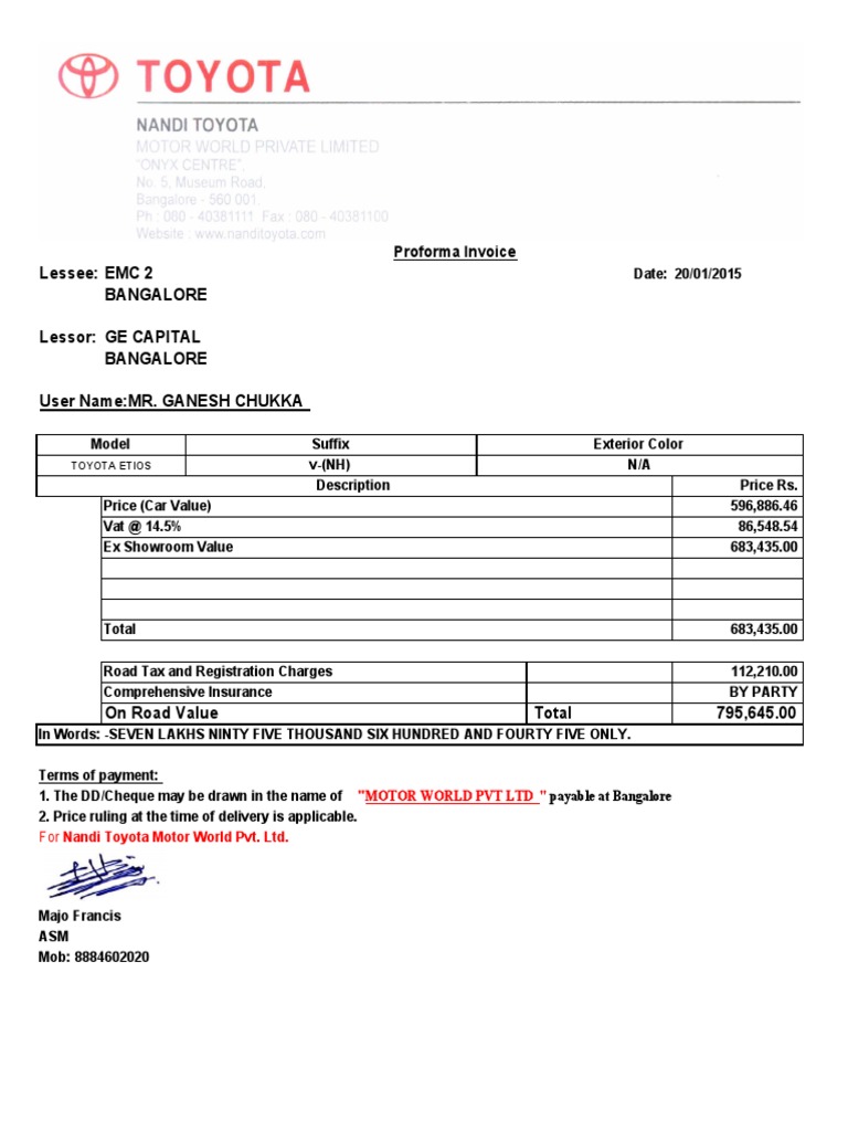 Toyota Etios Proforma Invoice | PDF