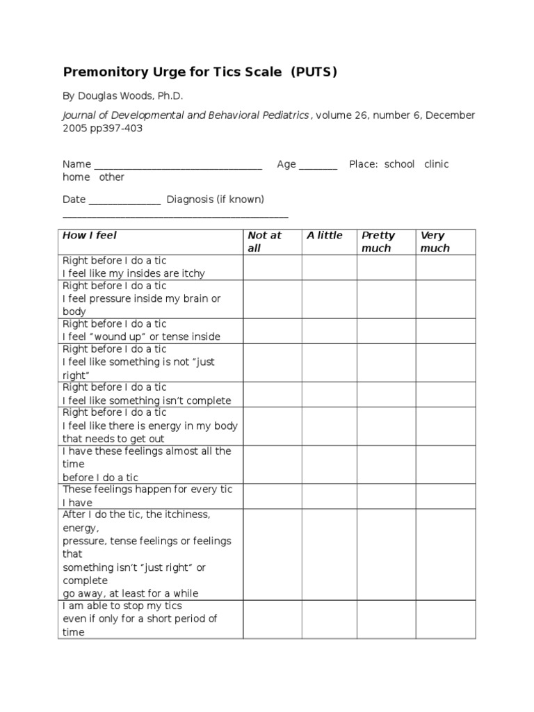Premonitory Urge For Tics Scale (PUTS) | PDF