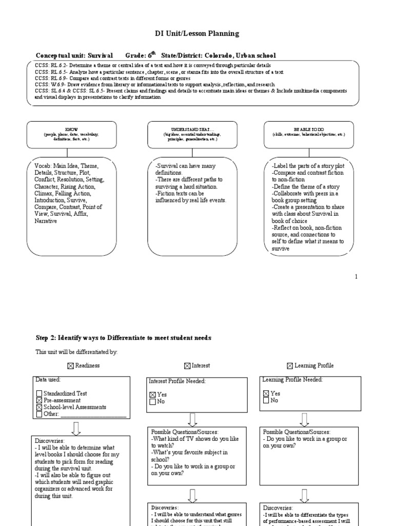 Survival Unit Plan | Educational Assessment | Reading (Process)