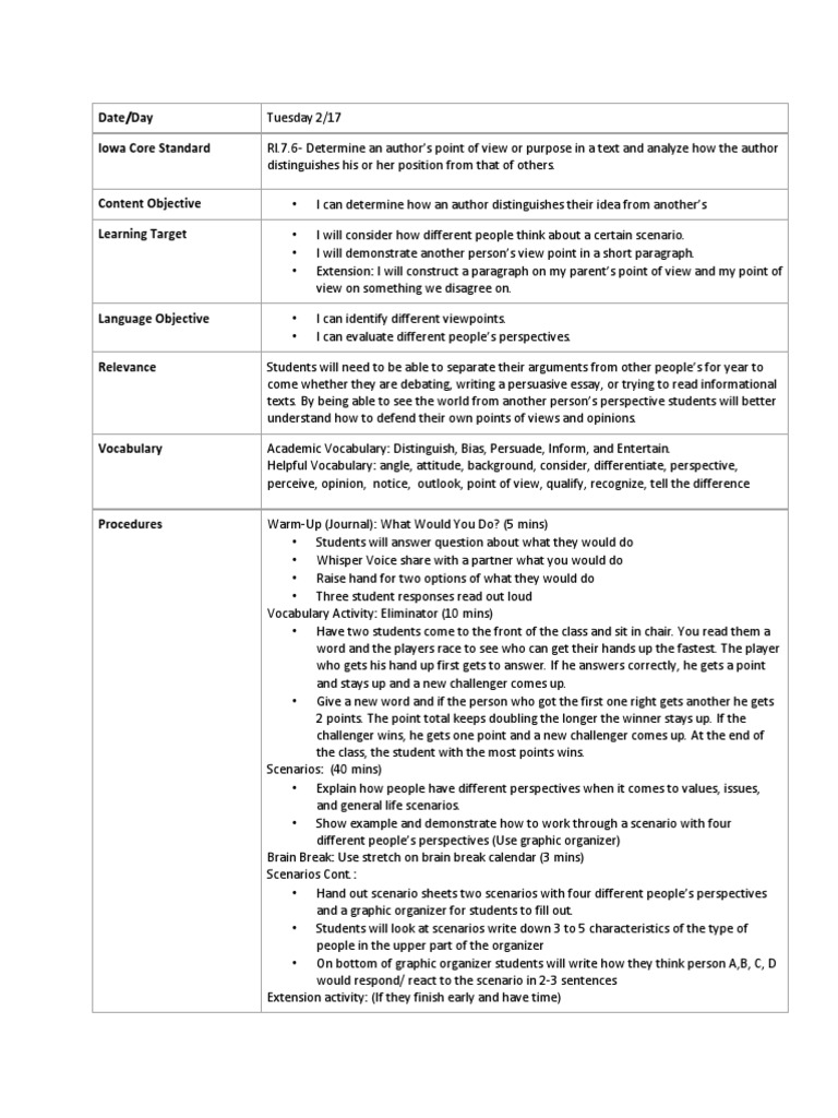 Distinguishing Different Perspectives Lesson Plan | Download Free PDF ...