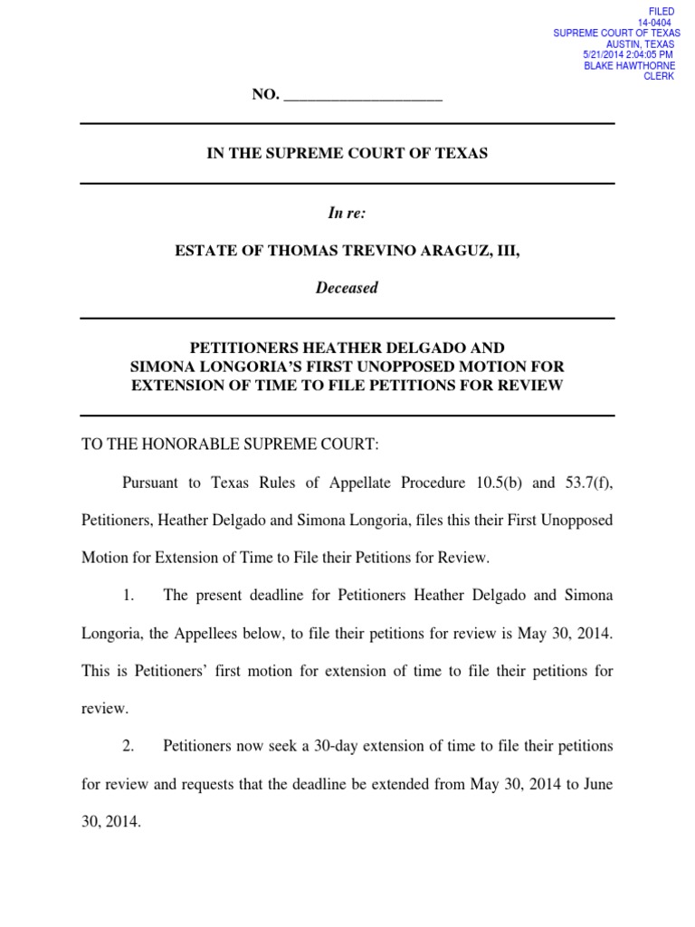 Delgado V Araguz: Petitioners First Unopposed Motion For Extension of ... Delgado V Araguz: Petitioners First Unopposed Motion For Extension of ...