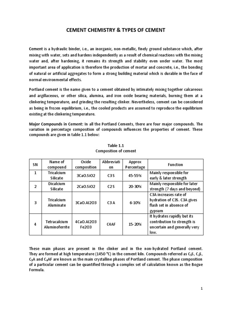 Cement Chemistry and Types of Cement | PDF | Concrete | Cement