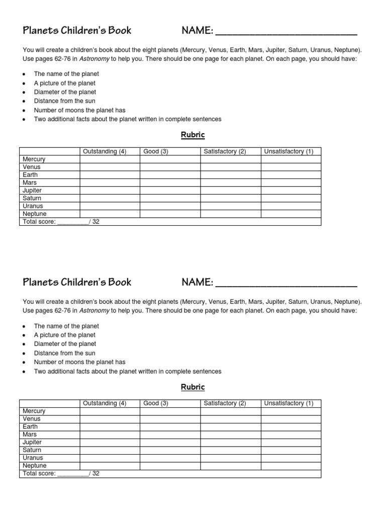Planets Childrens Book Rubric | PDF | Science & Mathematics