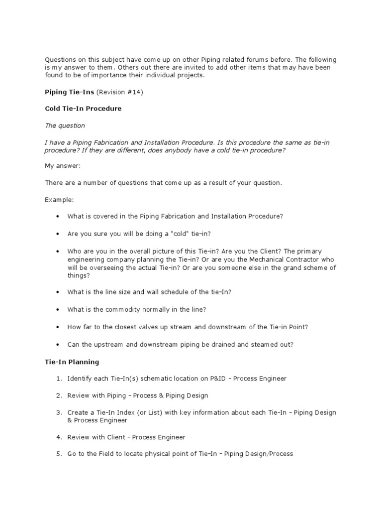 Tie - in Procedure | PDF | Pipe (Fluid Conveyance) | Process Engineering