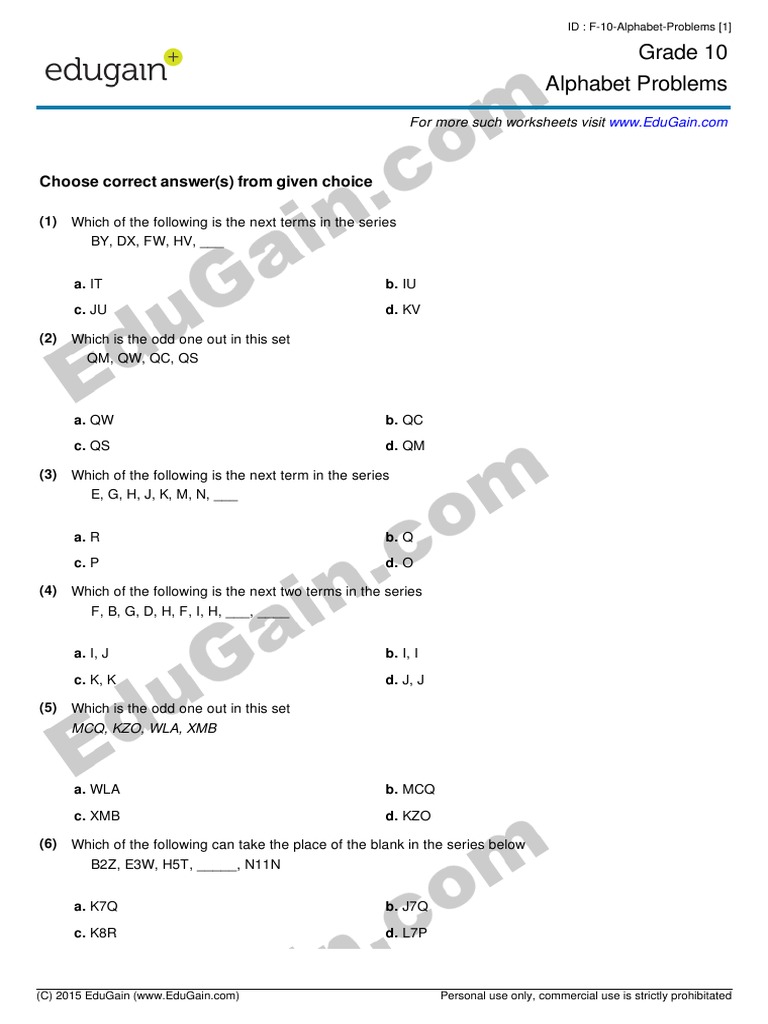 Grade10 Alphabet Problems | PDF | Statistics Of Education | Tests
