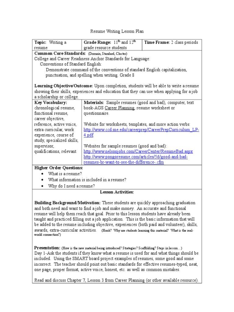 Resume Writing Lesson Plan | PDF | Résumé | Lesson Plan