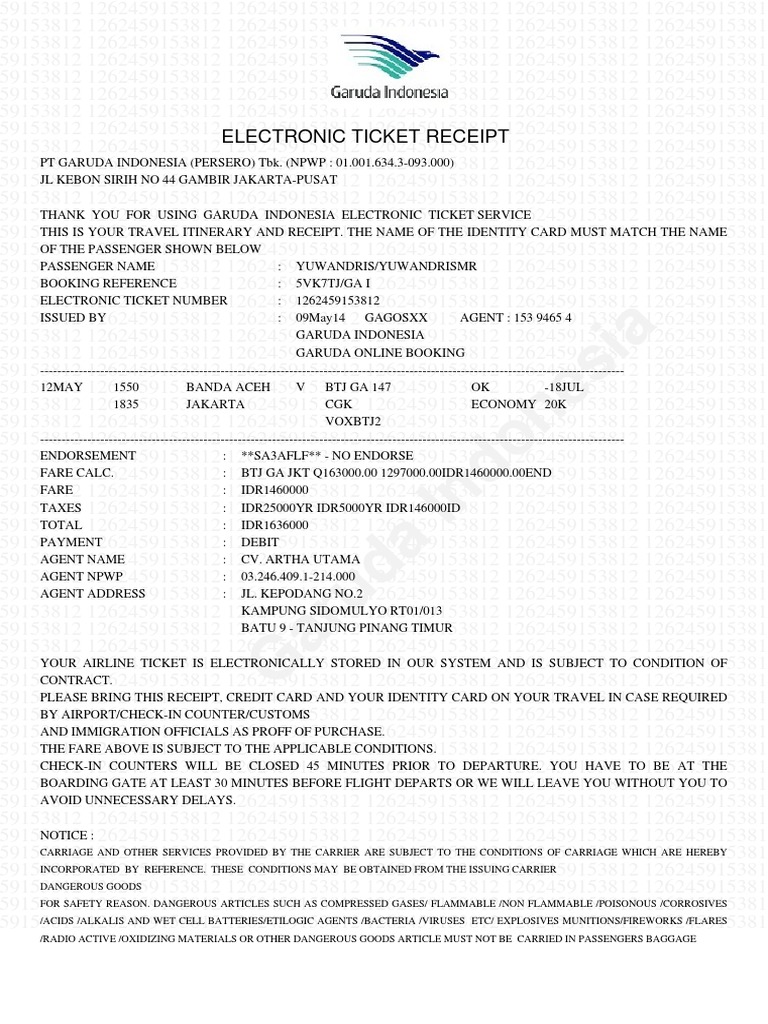 Garuda Indonesia Electronic Ticket Receipt | PDF | Common Carrier ...