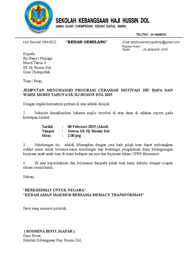 Surat Jemputan Ibu Bapa Program Ceramah Motivasi | PDF