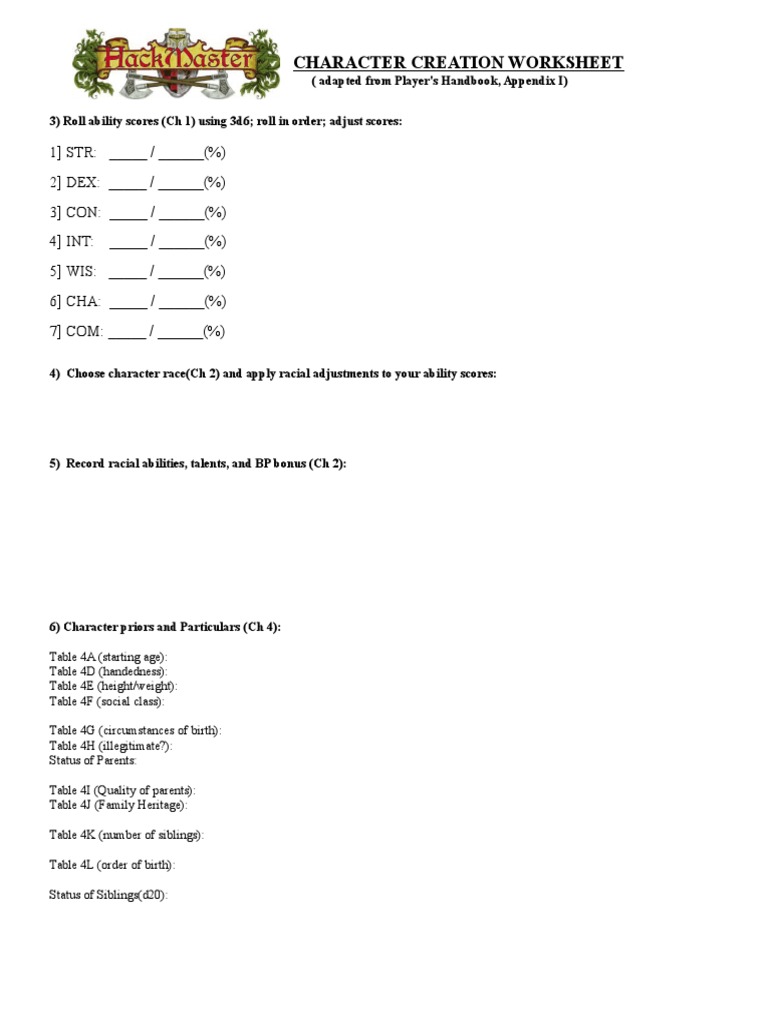 Hackmaster Play Aid - Character Creation Worksheet | PDF | Leisure ...