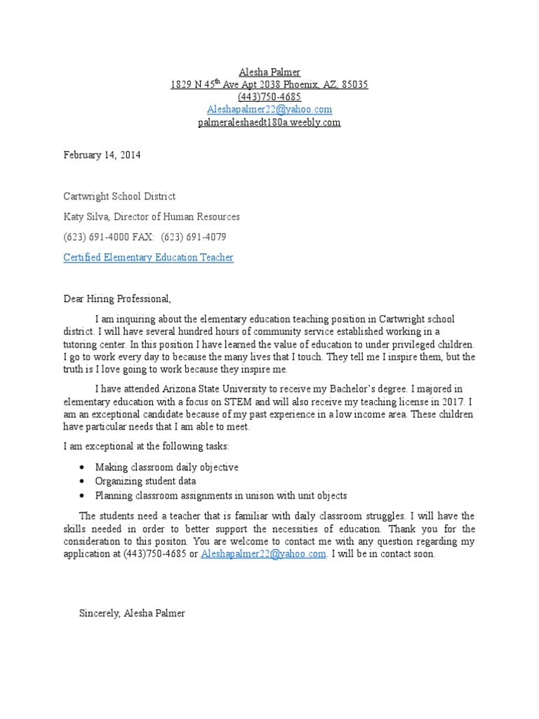 Alesha Palmer's Teaching Application Letter | PDF | Wellness