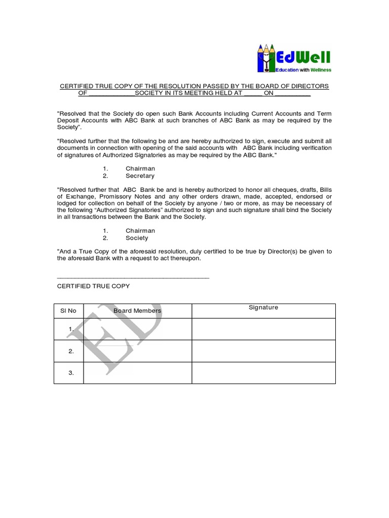 Society Bank Account Opening Resolution | PDF | Board Of Directors ...