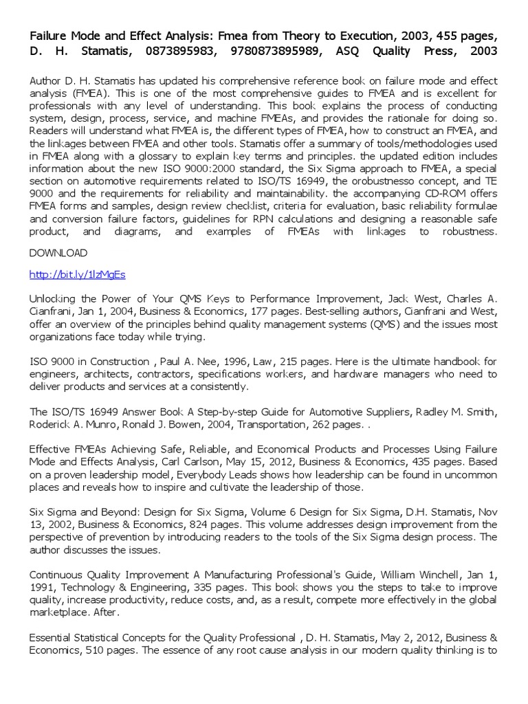 Failure Mode and Effect Analysis Fmea From Theory To Execution PDF ...