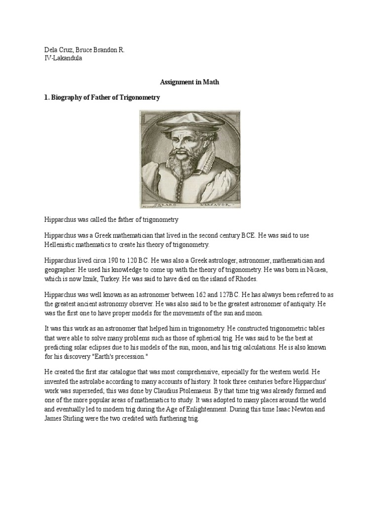 Assignment in Math 1. Biography of Father of Trigonometry | PDF