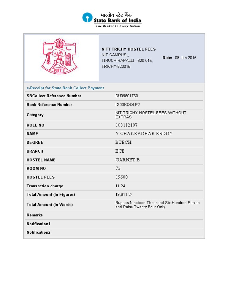NIT Trichy Hostel Fees Receipt | PDF