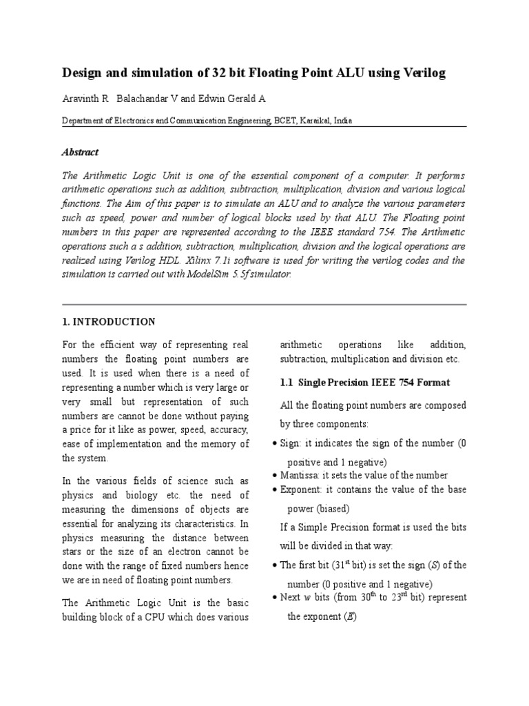 32 Bit Floating Point ALU | PDF | Digital Electronics | Computer Architecture