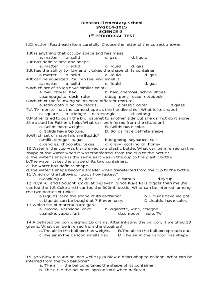 Science Grade 3 1st Quarter Test | Liquids | Matter Science Grade 3 1st Quarter Test | Liquids | Matter
