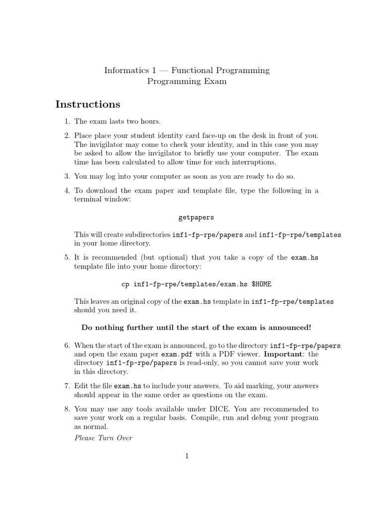 Instructions Informatics 1 Functional Programming Programming Exam Pdf Test Assessment