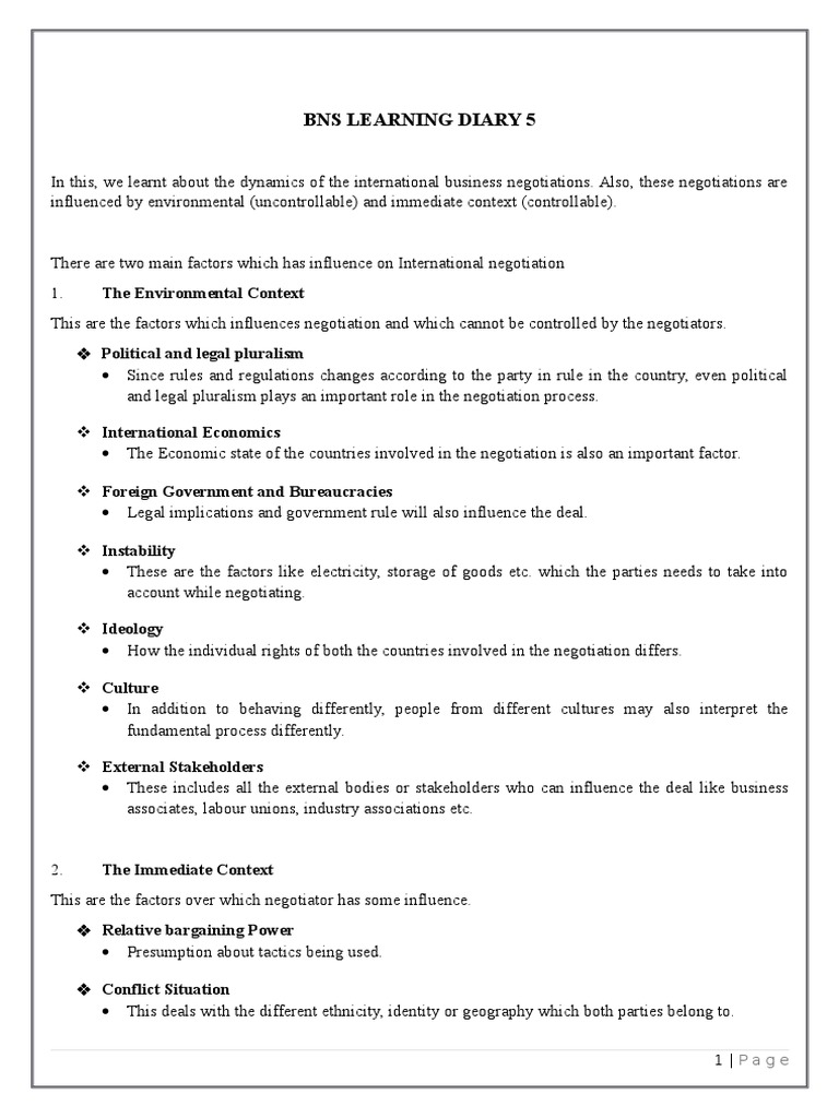 BNS Learning Diary-5 13033 | PDF | Negotiation | Swot Analysis