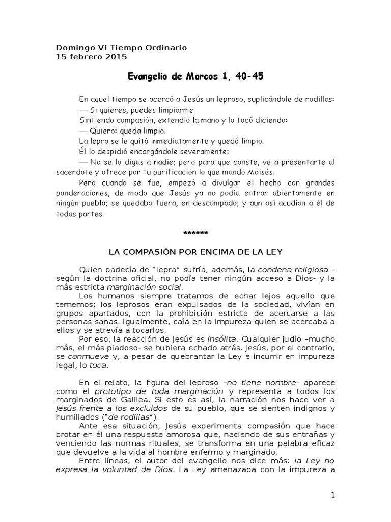 Evangelio de Marcos 1, 40-45: Domingo VI Tiempo Ordinario 15 Febrero ...