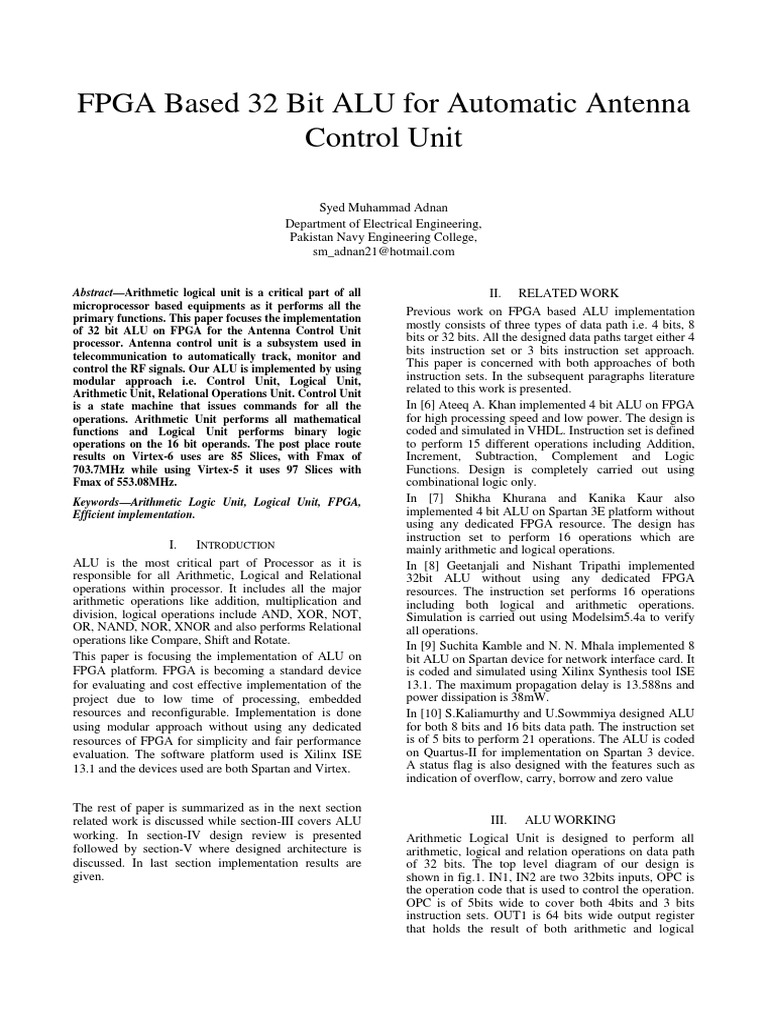 Fpga Based 32 Bit Alu For Automatic Antenna Control Unit Sm Adnan21 Pdf Field