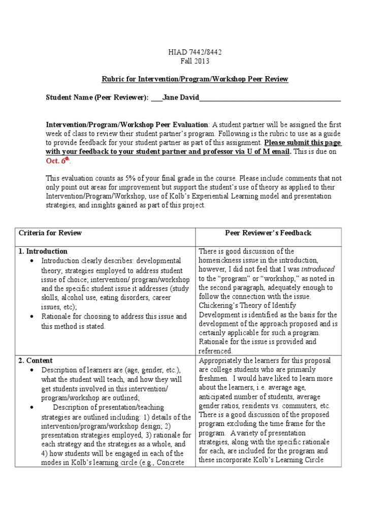Peer Review Rubric for Interventions | PDF | Rubric (Academic ...