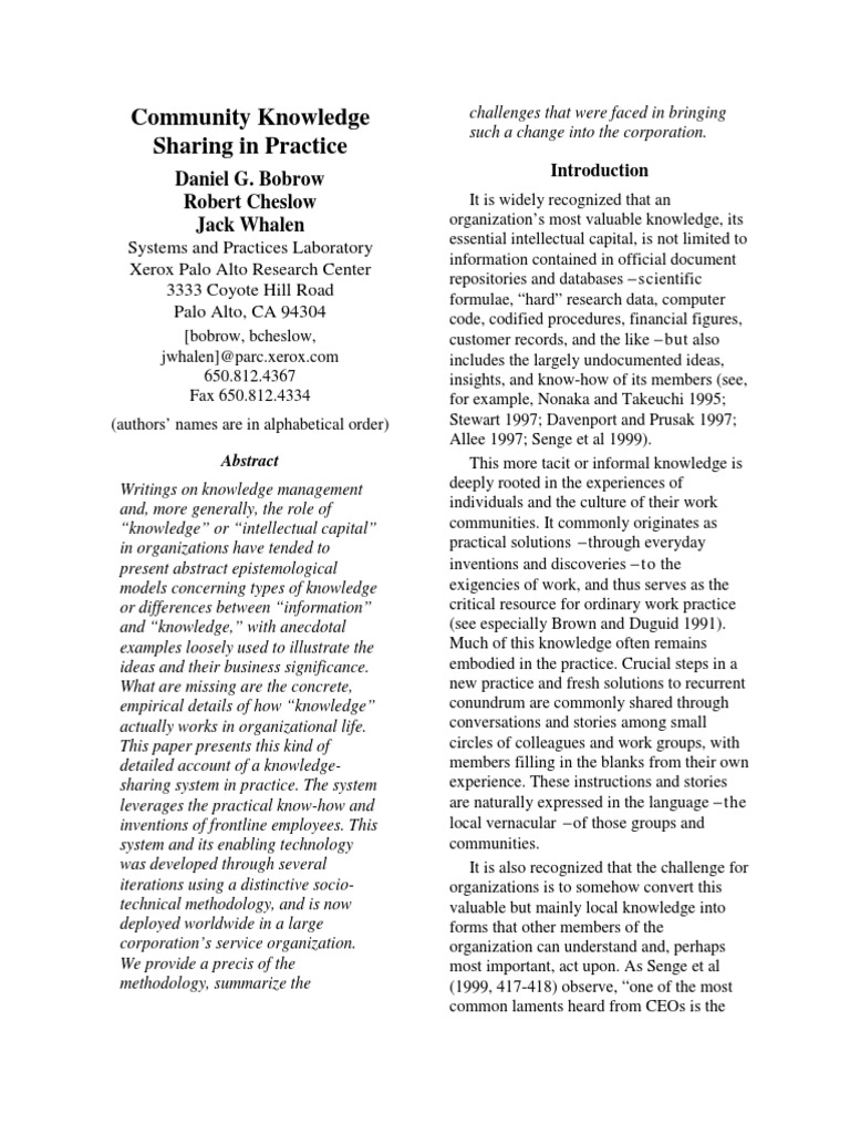 Community Knowledge Sharing in Practice: Daniel G. Bobrow Robert ...