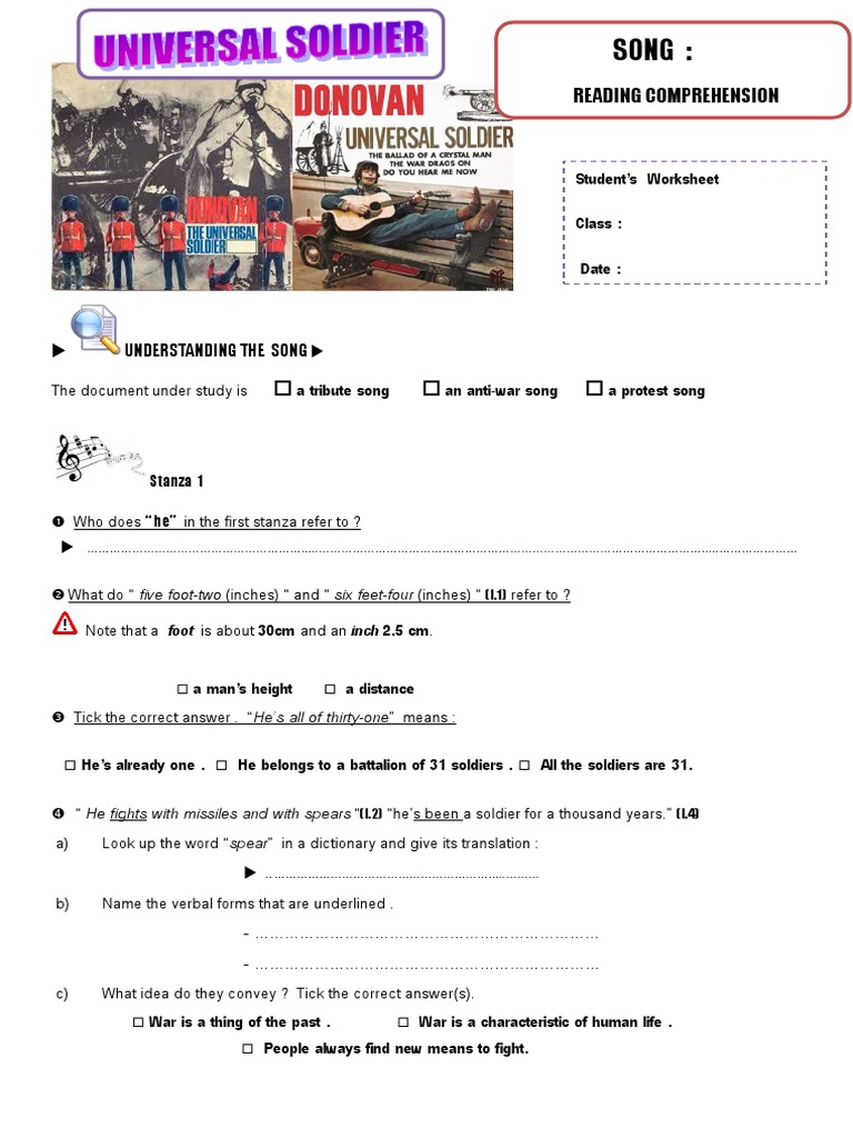 Reading Comprehension Universal Soldier Song | PDF